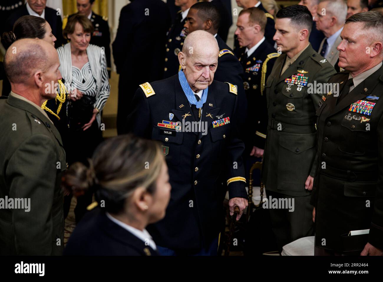 United States Army Captain Larry Taylor leaves the East Room after ...