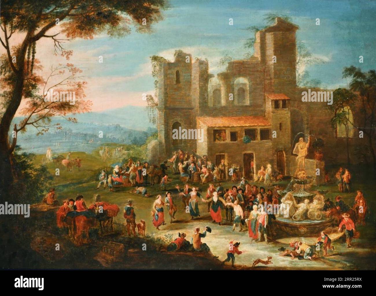 Travellers Merrymaking Outside a Country Inn, a Riverside Town beyond ...