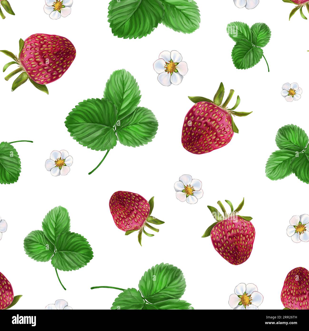 A pattern of red strawberries, white flowers on a white background. For ...
