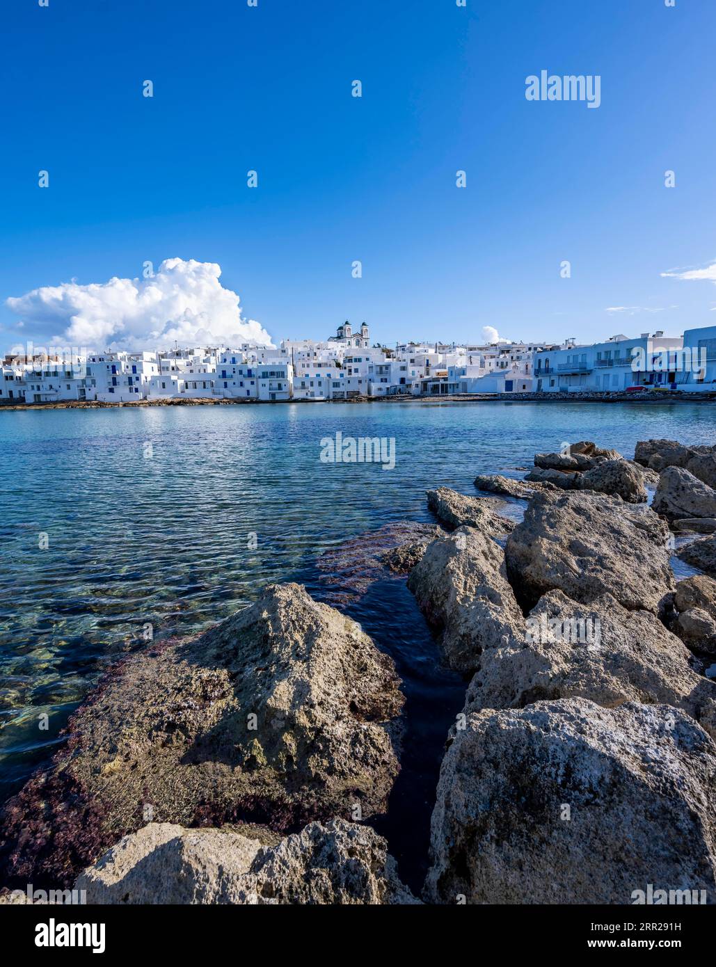 Local view of Naoussa town and blue sea, is white Cycladic houses and ...