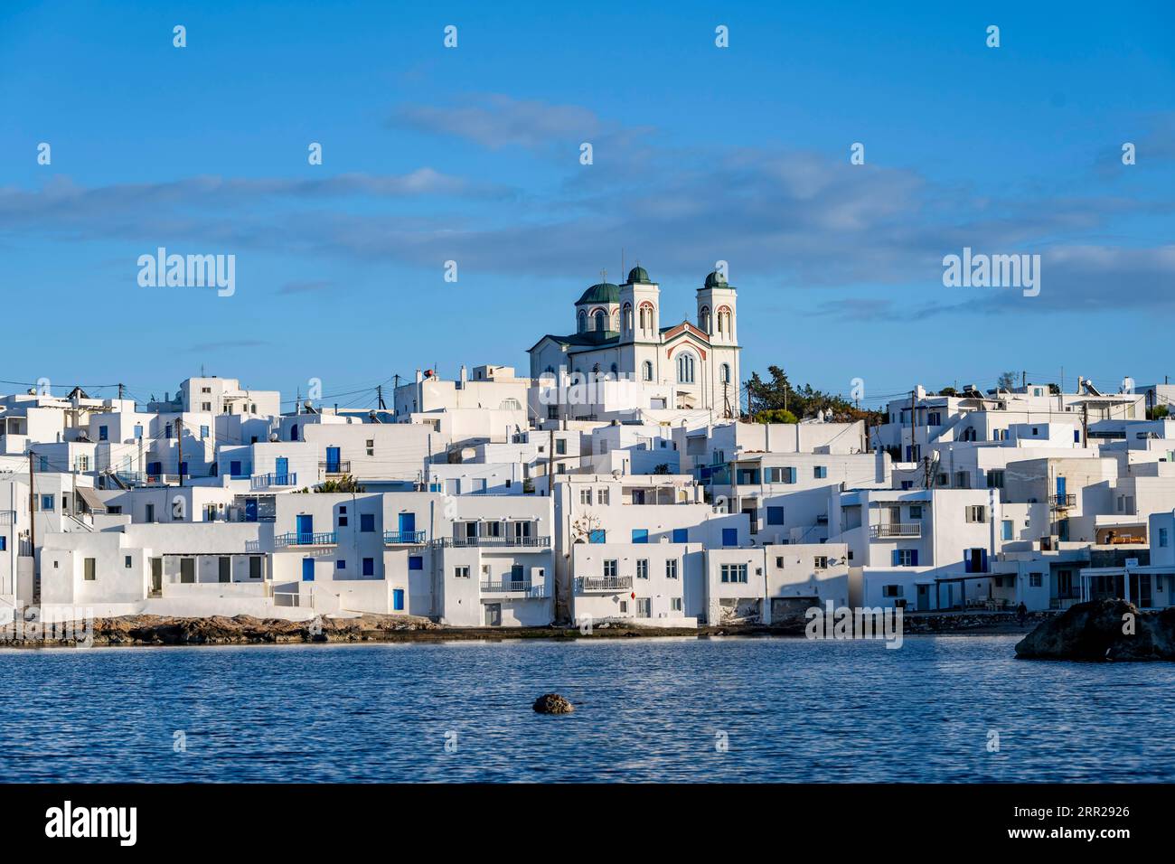 Local view of Naoussa town and blue sea, white Cycladic houses and ...