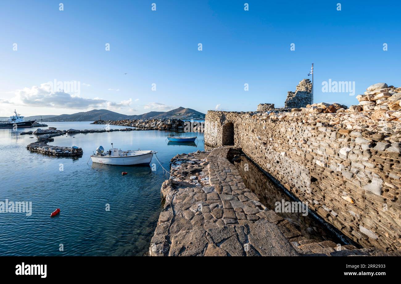 Venetian castle ruins, Naoussa harbour, Paros, Cyclades, Greece Stock ...