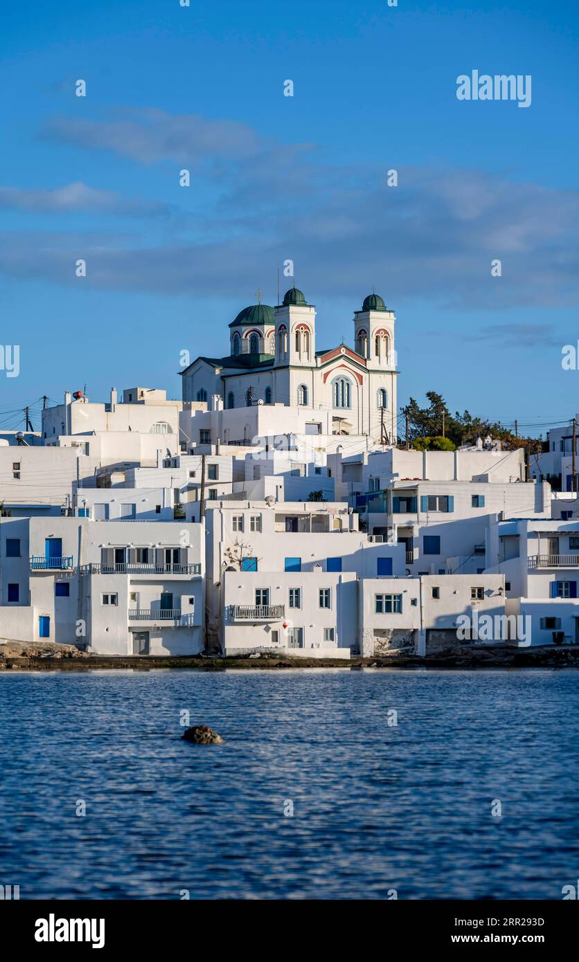 Local view of Naoussa town and blue sea, white Cycladic houses and ...