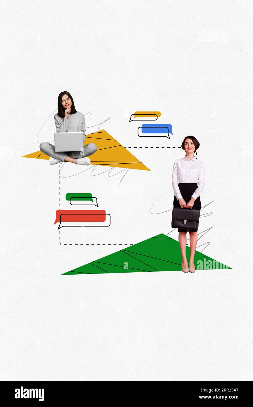 Collage artwork of successful ladies professional managers chatting ...