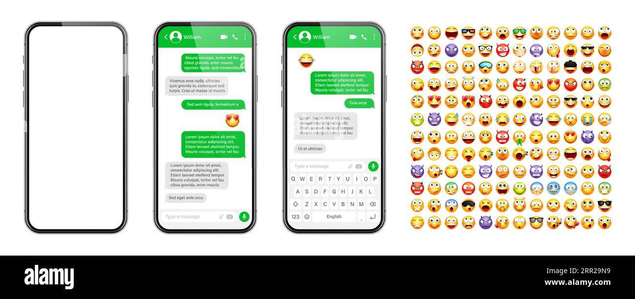 Smartphone messaging app, user interface design with emoji. SMS text ...