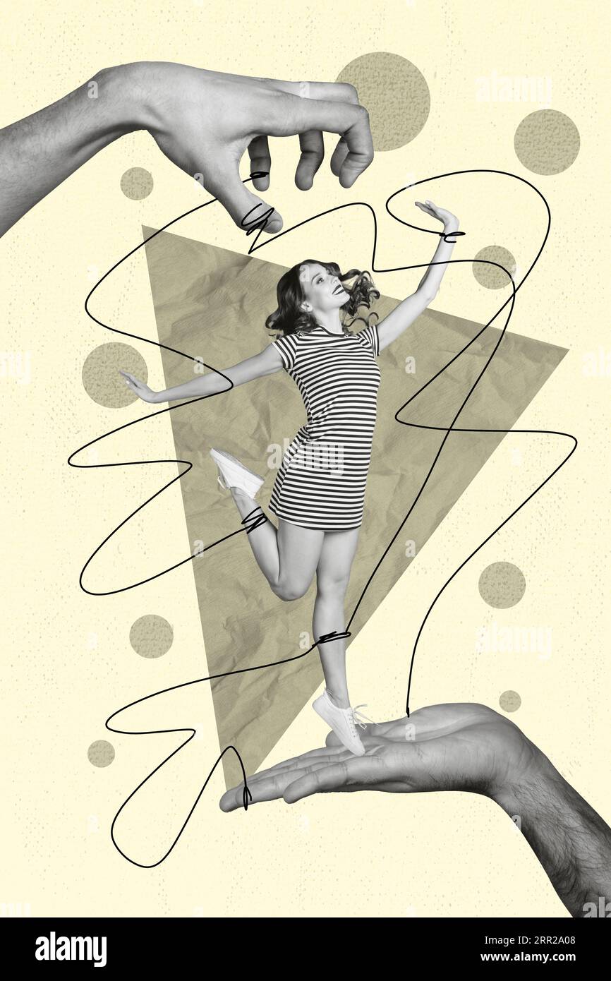 Vertical collage image of black white effect arms hold tied strings ...