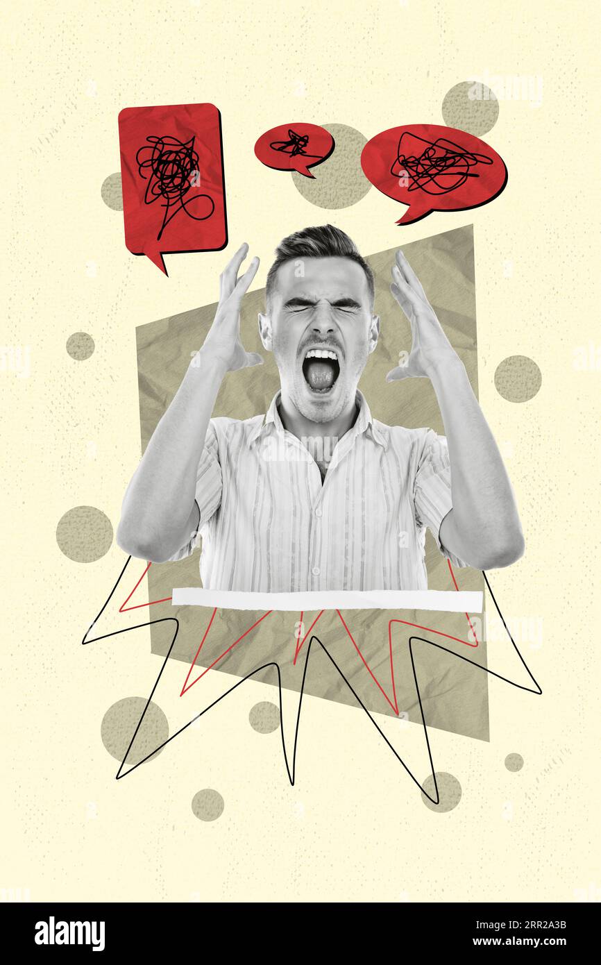 Vertical collage image of unsatisfied crazy black white effect guy ...