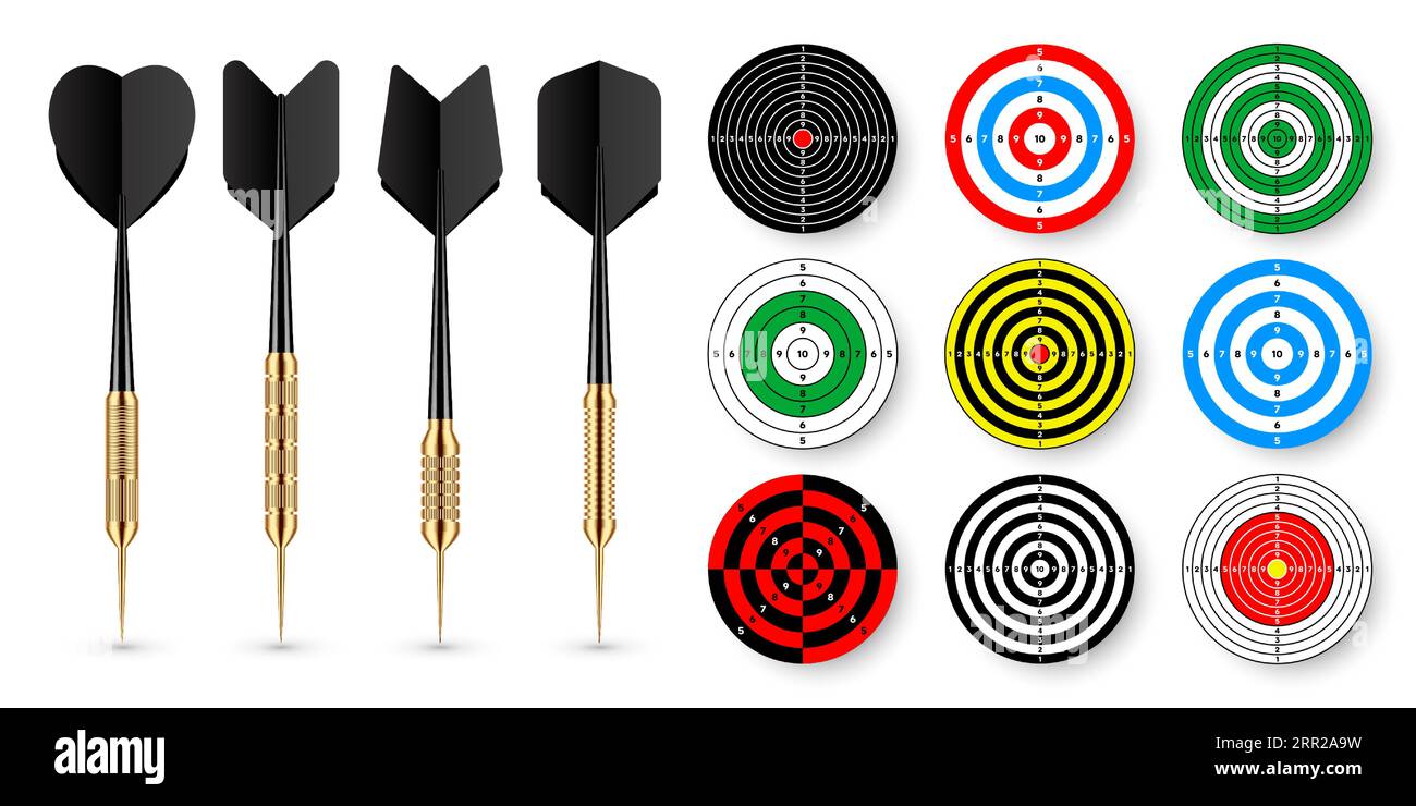 Paper targets with dart arrows and shadows. Shooting range round target ...