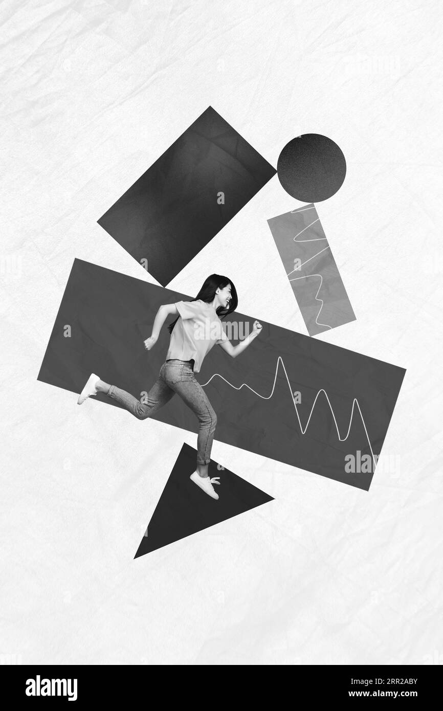 Vertical collage image of excited mini black white effect girl running ...