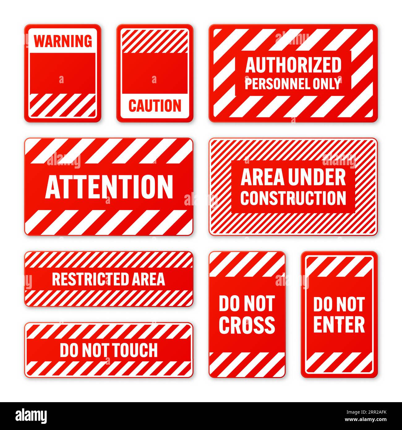 Various white and red warning signs with diagonal lines. Attention ...