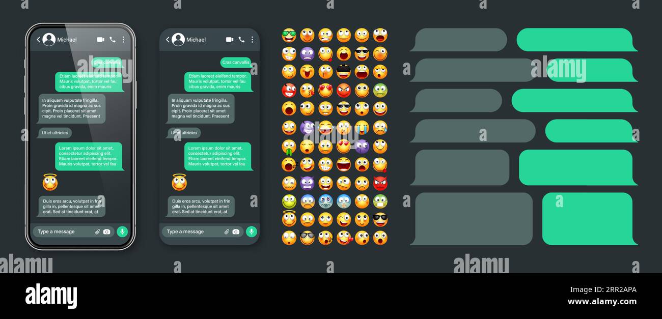 Smartphone messaging app, user interface with emoji. SMS text frame ...