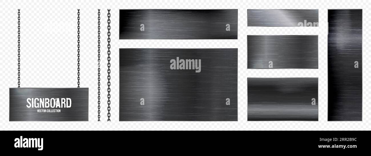Metal banners hanging on a chain. Realistic shiny steel plate with ...