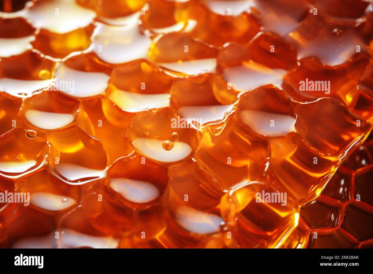Macro detailed bright golden honey and honeycombs. Liquid sticky ...