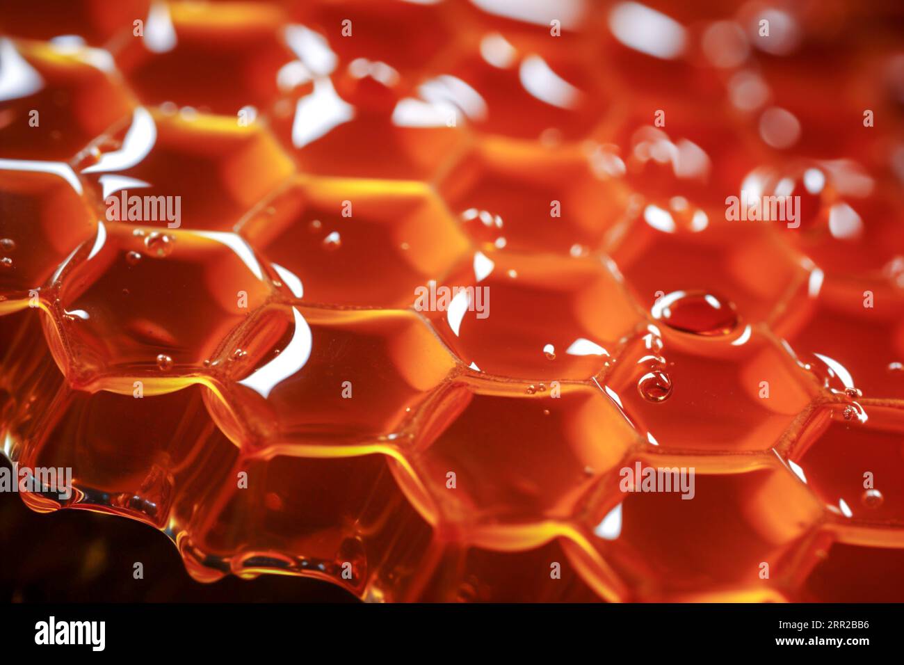 Macro detailed bright golden honey and honeycombs. Liquid sticky ...