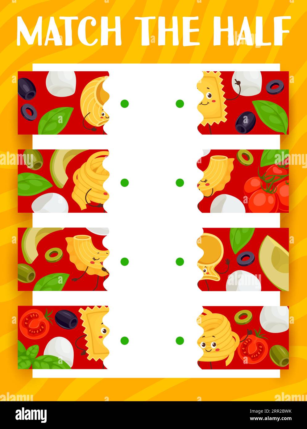 Match the half of cartoon funny italian pasta characters. Vector game ...