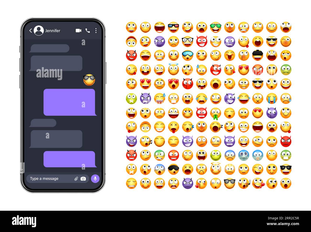 Smartphone messaging app, user interface with emoji. SMS text frame ...