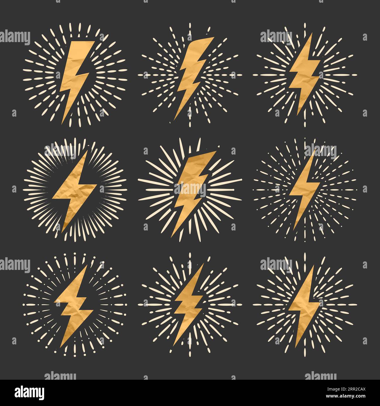 Vintage lightning bolt and sunrays. Lightnings with crumpled paper ...