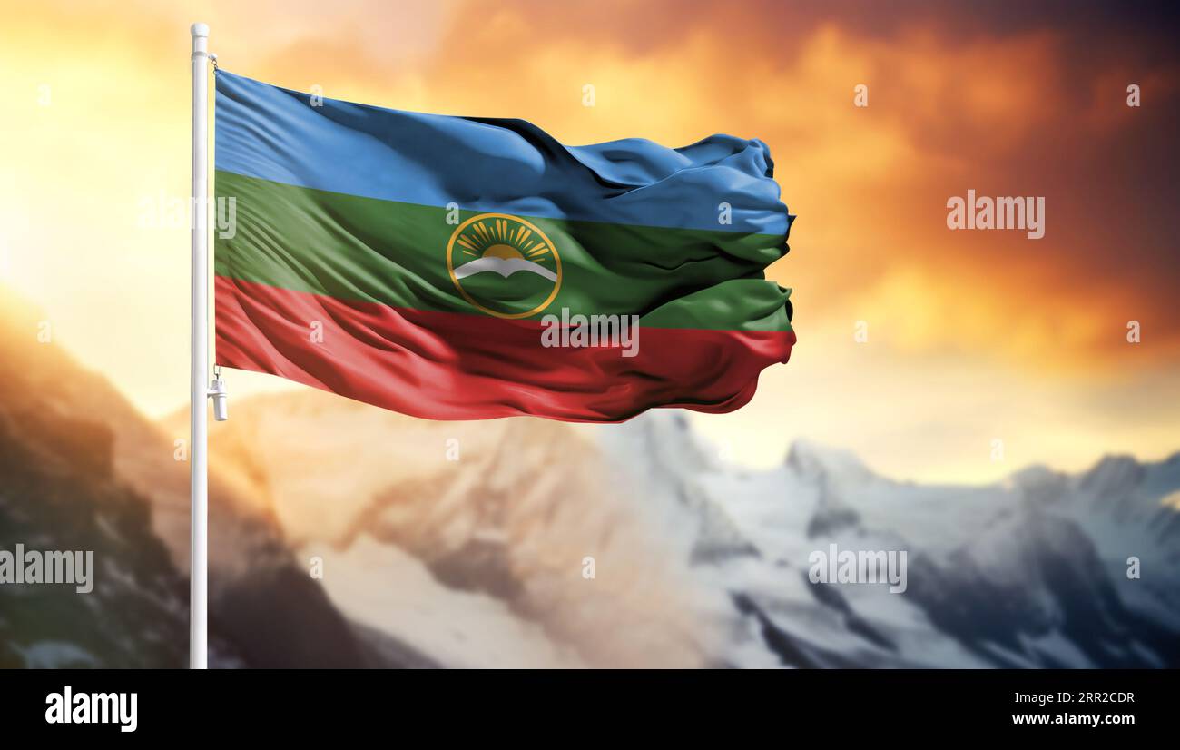 Flag of Karachay Cherkessia on a flagpole against a colorful sky Stock ...