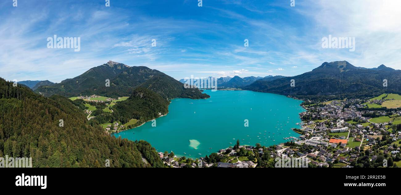 Drone shot, panorama shot, Wolfgangsee with Schafberg and Zwoelferhorn ...