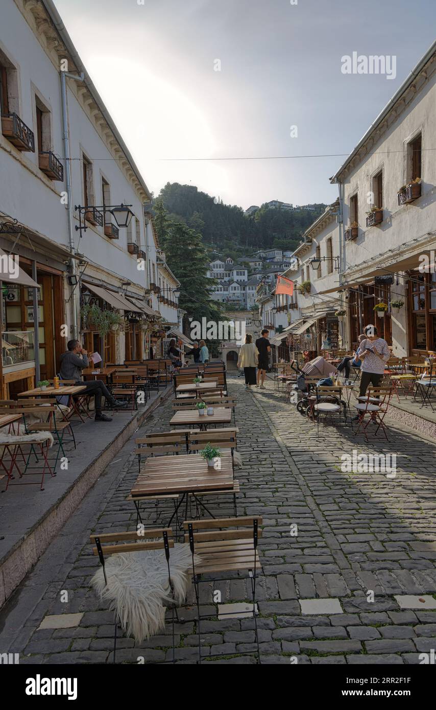 Ottoman Architecture Highlighting Street and Restaurant in Gjirokaster ...