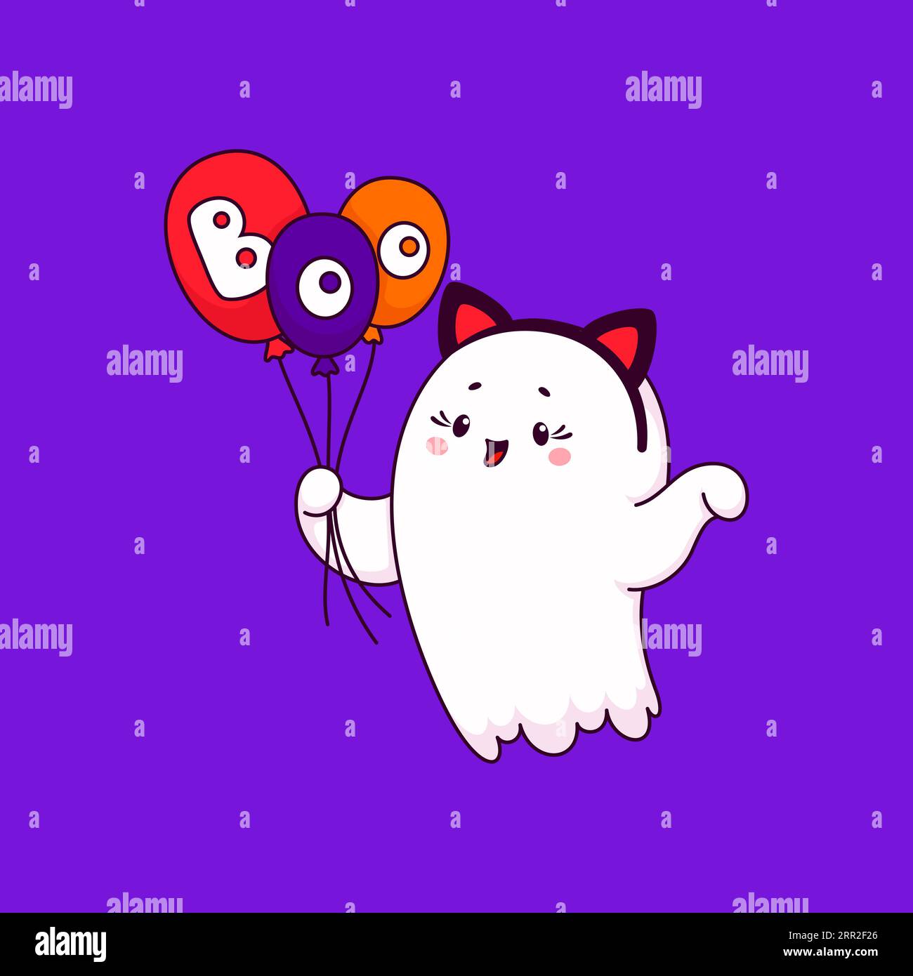 Cartoon Halloween kawaii cute ghost character holding colorful balloons ...