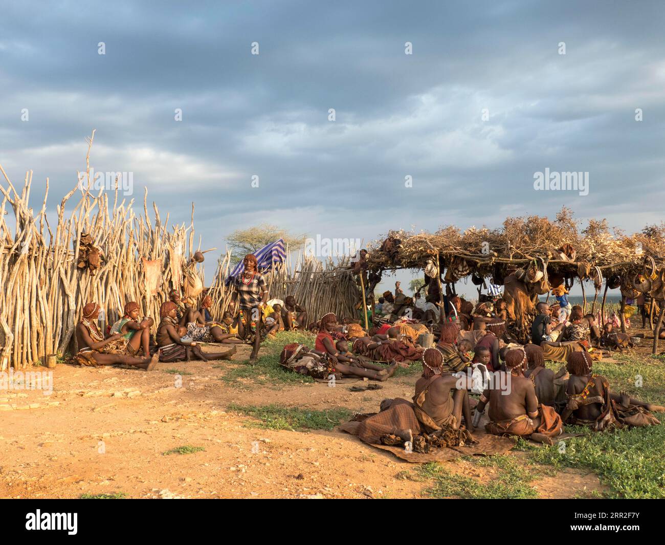 Villagers from the Hamar tribe sitting on the ground, Omo region ...