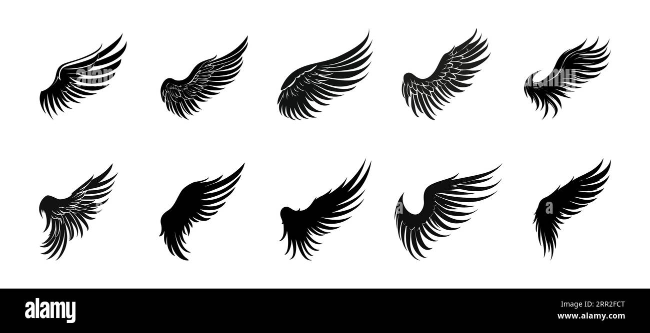 Set of black wings icons. Badges with wings. Collection badges with ...