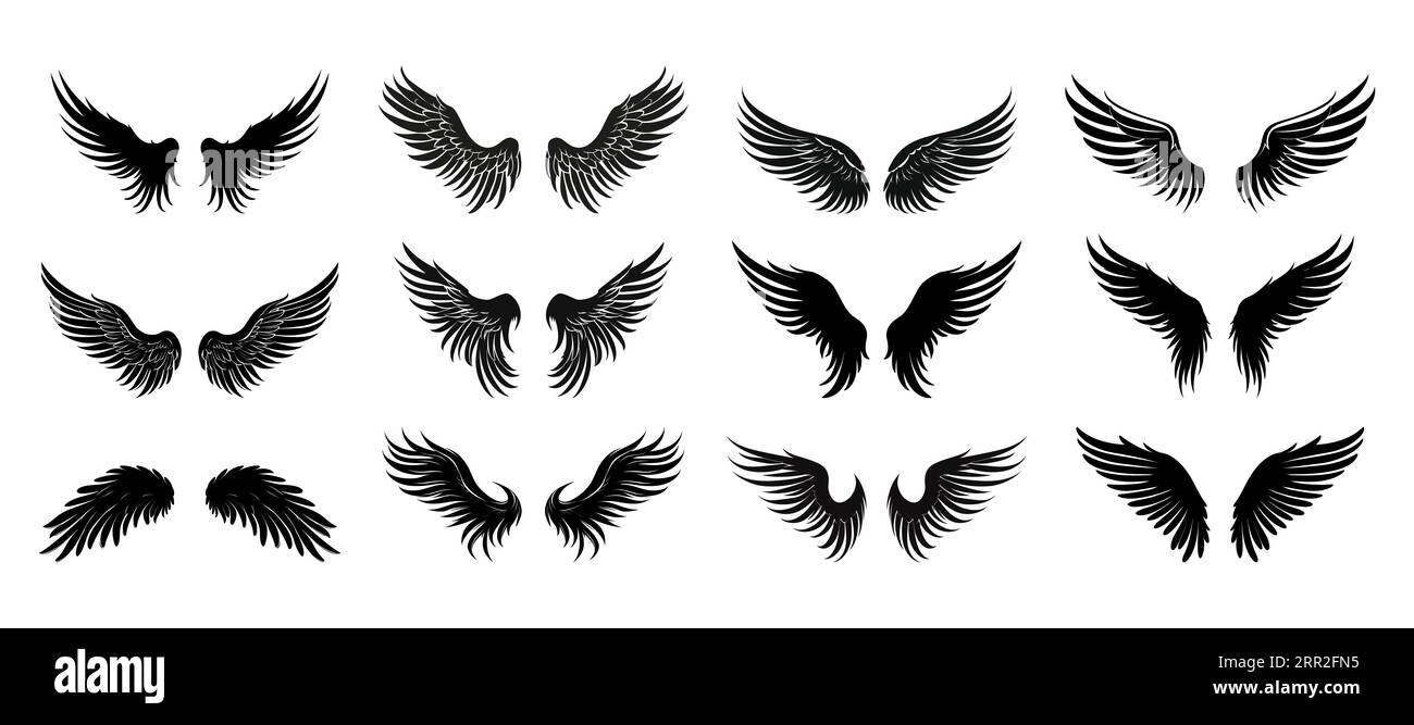 Set of black wings icons. Badges with wings. Collection badges with ...