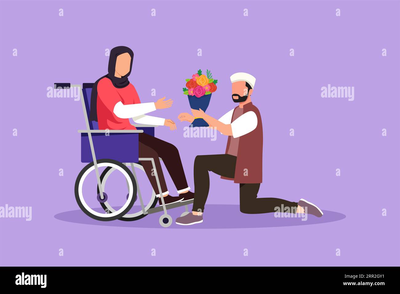 Graphic flat design drawing Arab male, disabled female in wheelchair ...