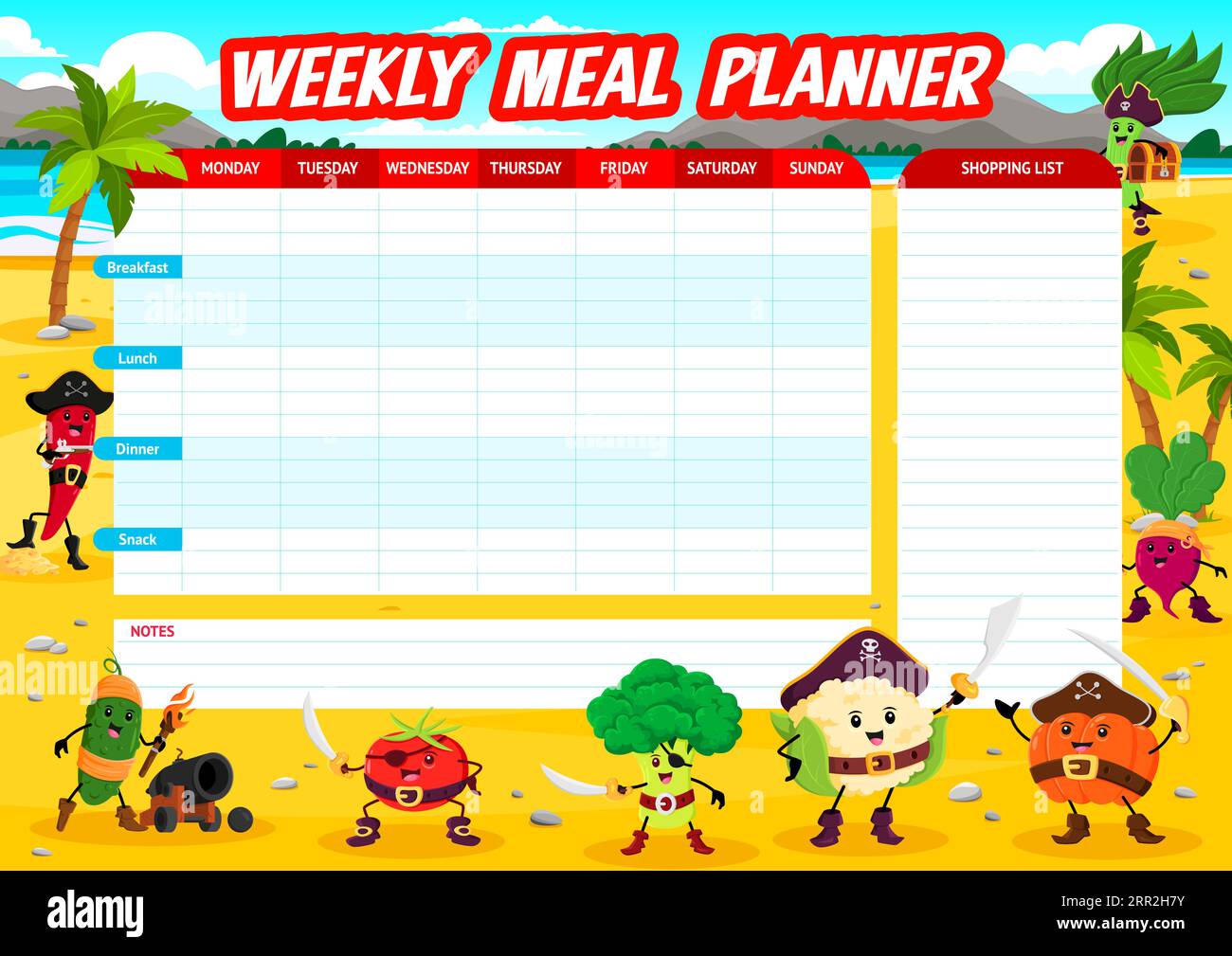 Weekly meal planner with cartoon vegetable pirate or corsair characters ...