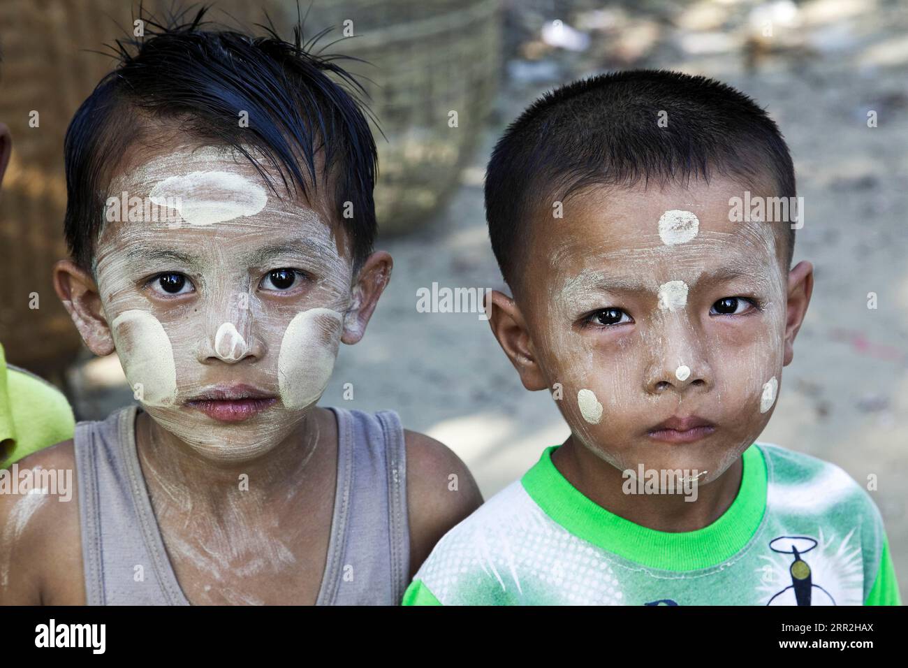 Two boys with thanaka on their faces, Taungu, Bago Division, Myanmar ...