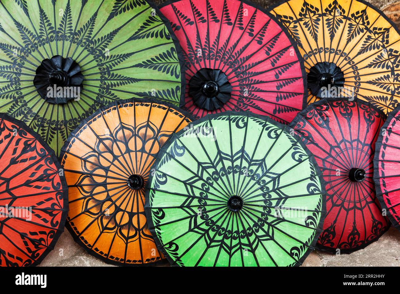 Traditional parasols, Bagan, Mandalay Division, Myanmar, Burma Stock ...
