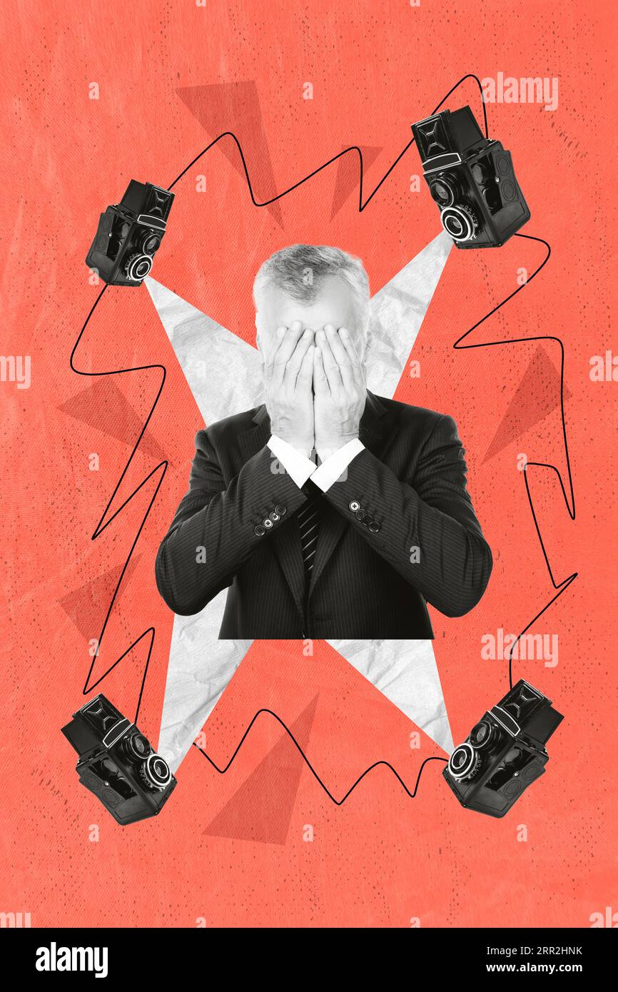 Vertical collage picture of old photo cameras photographing unsatisfied ...
