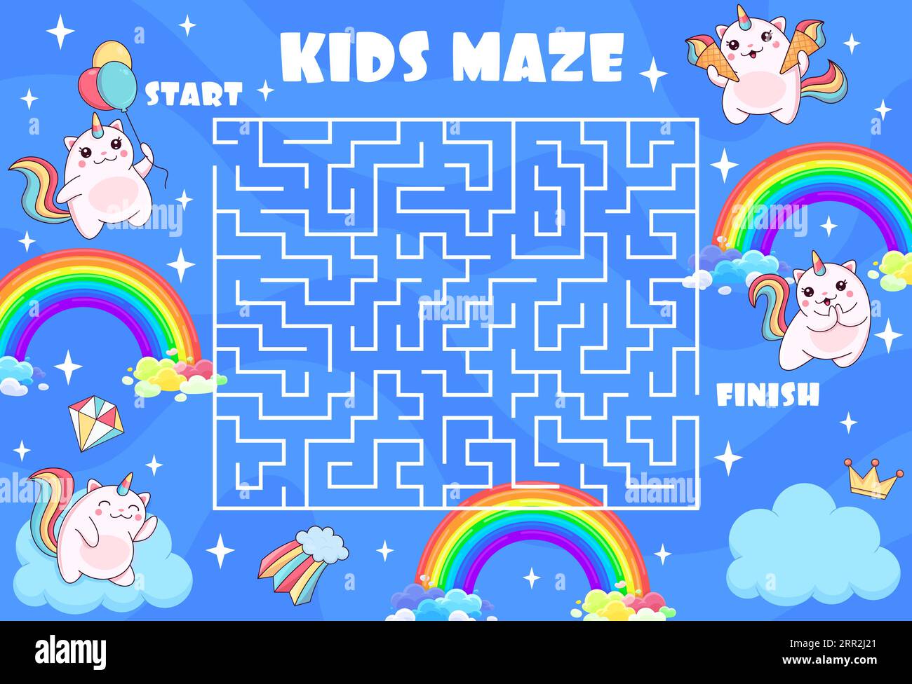 Kids labyrinth maze. Help to cartoon caticorn cat and kitten character ...