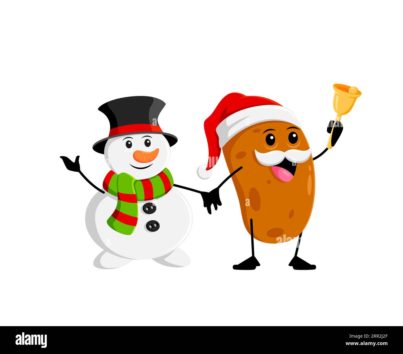 Cartoon potato vegetable character and snowman with jingle bell ...