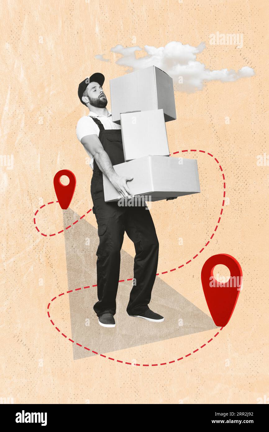 Vertical collage image of black white effect courier man hold pile ...