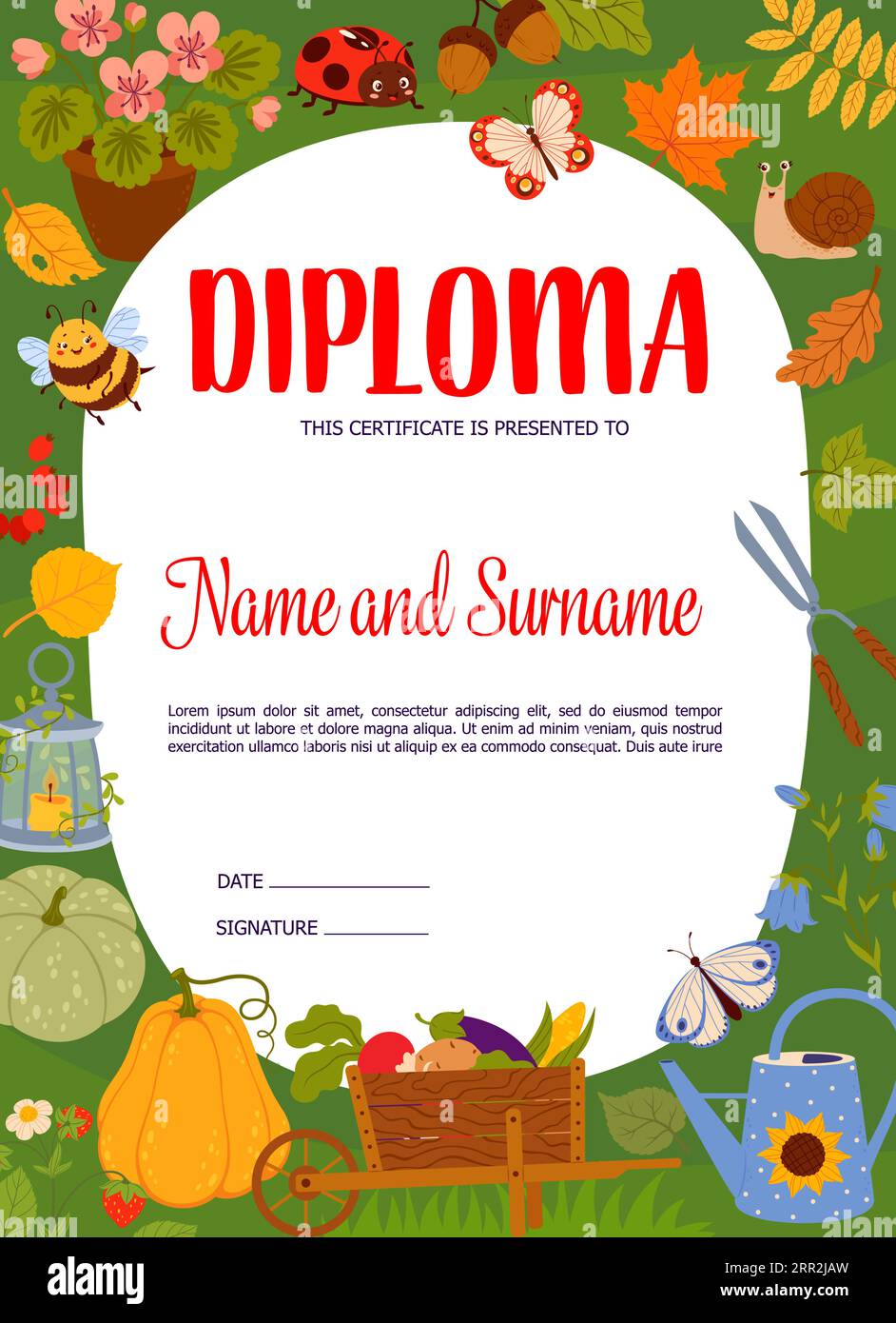 Kids diploma with gnome items, autumn leaves, plants and garden tools ...