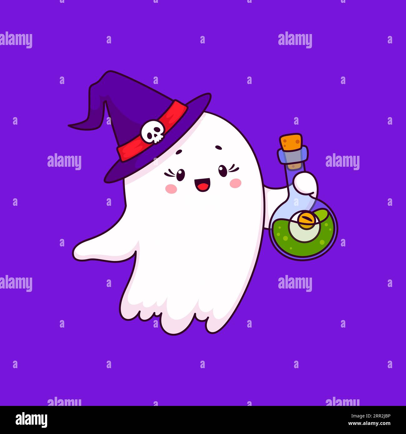 Cartoon halloween kawaii cute ghost character donning a witch hat ...