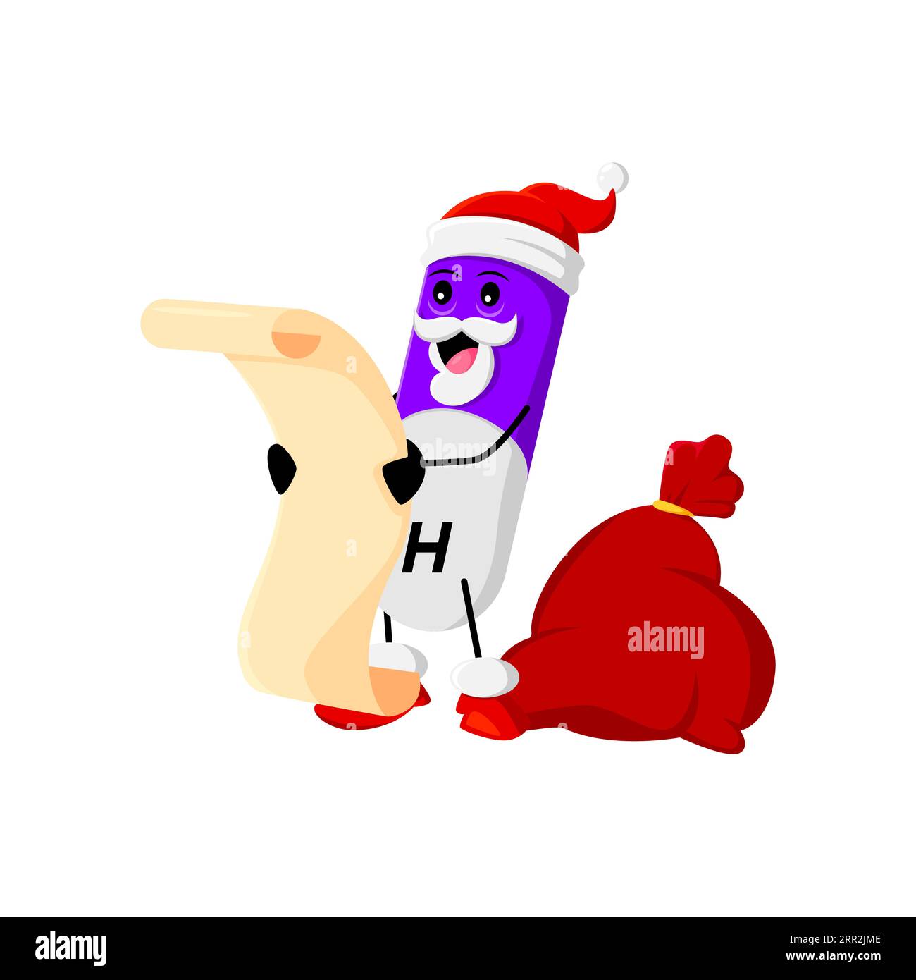 Cartoon Christmas vitamin H character holding a wish scroll. Cheerful ...