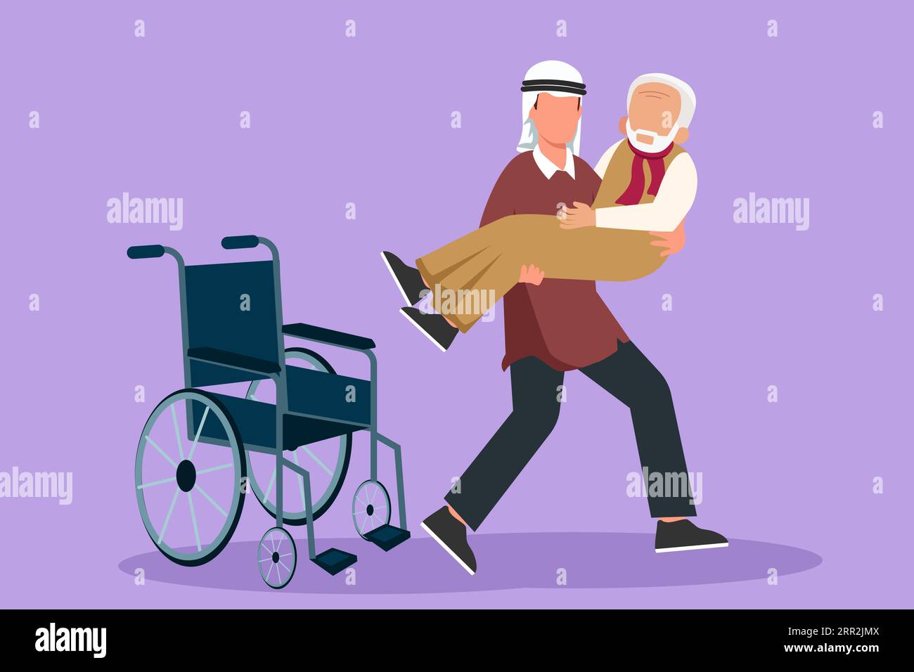 Cartoon flat style drawing of loving Arabian son took his old disabled ...