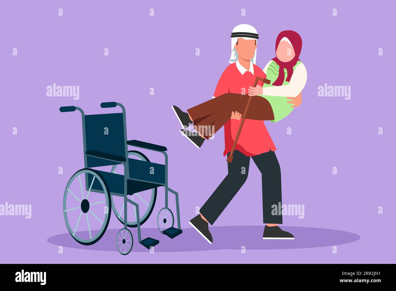 Cartoon flat style drawing loving Arabian son took his old disabled ...