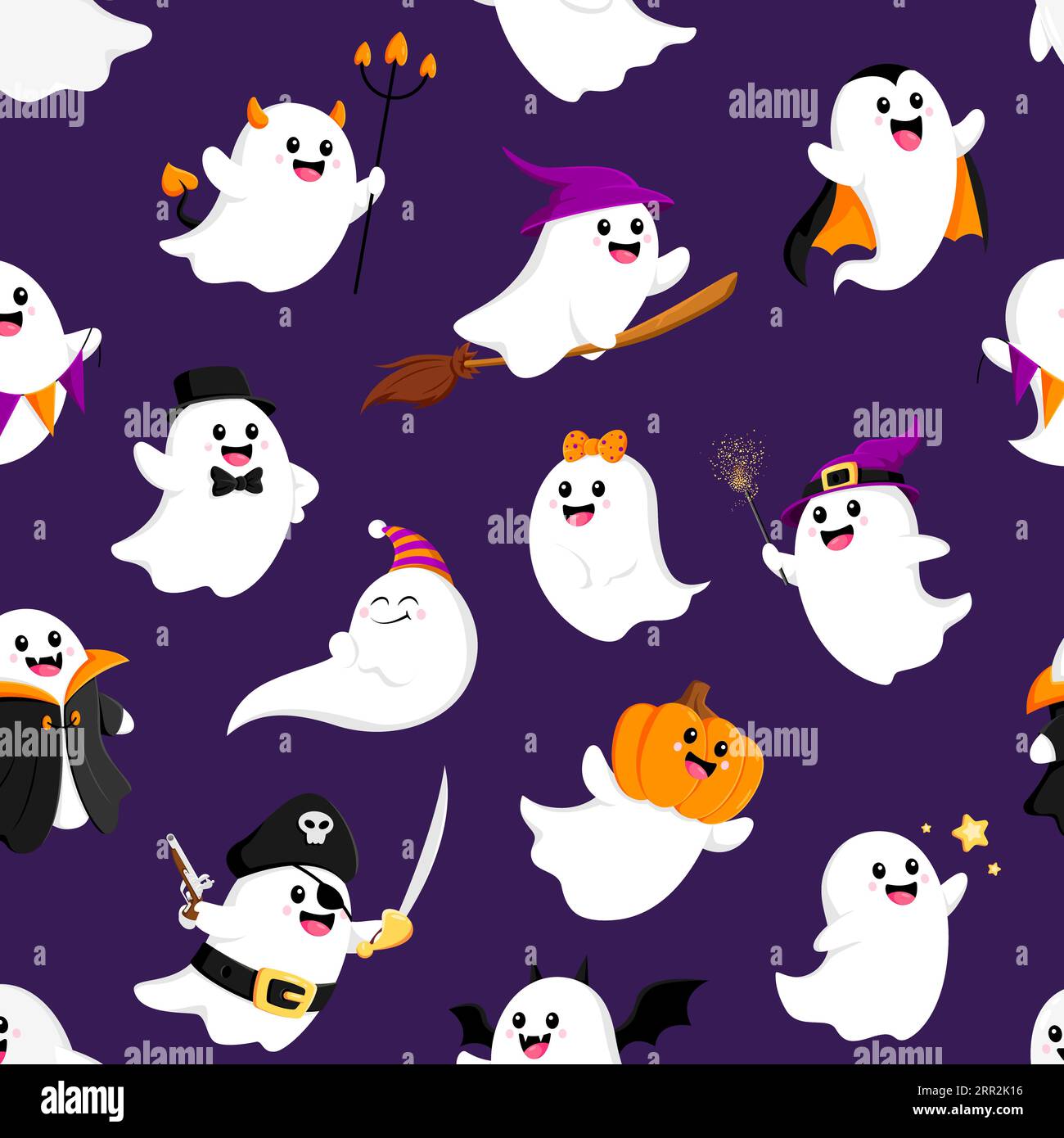 Halloween kawaii ghosts seamless pattern. Vector happy spirits and cute phantoms cartoon ...