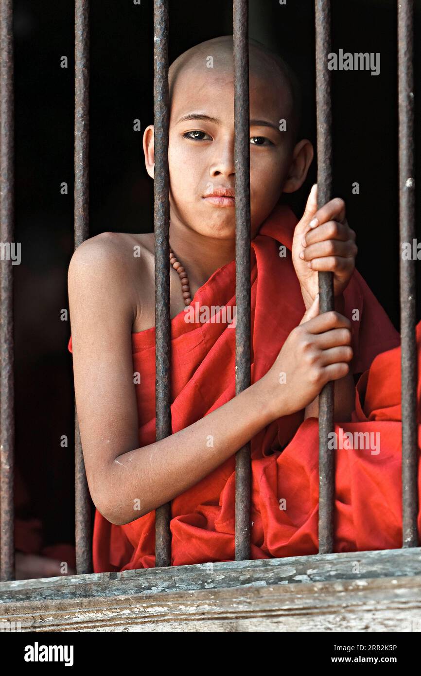 Novice, young monk, at lattice window, Myanmar, Burma, Southeast Asia ...