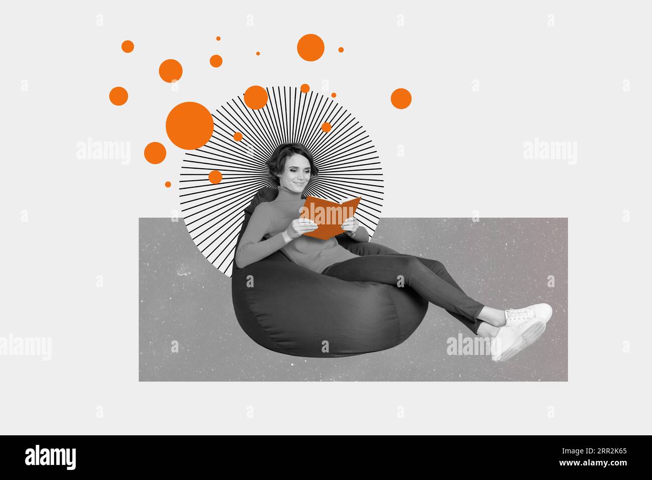 Poster picture collage of smart clever girl sitting soft pouf read ...