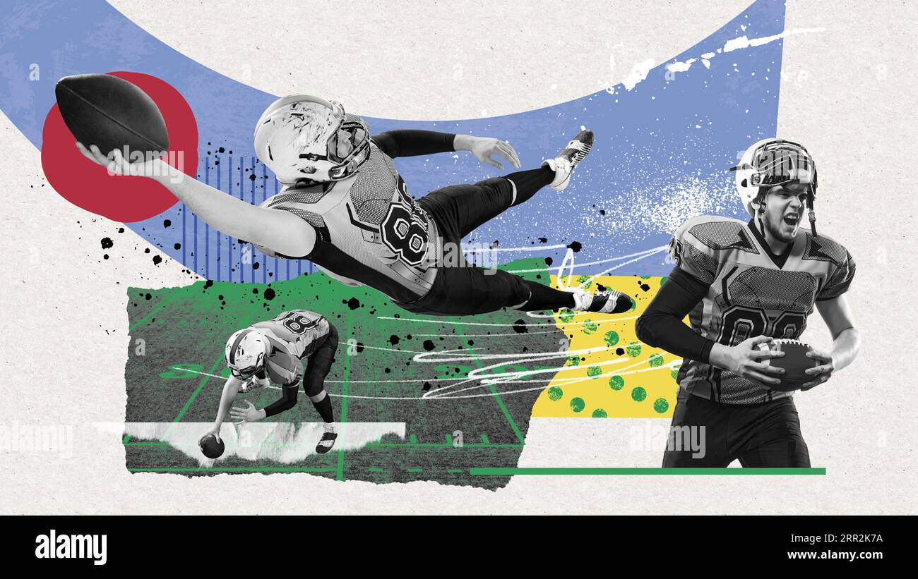 Competitive young man, professional american football player on stadium ...