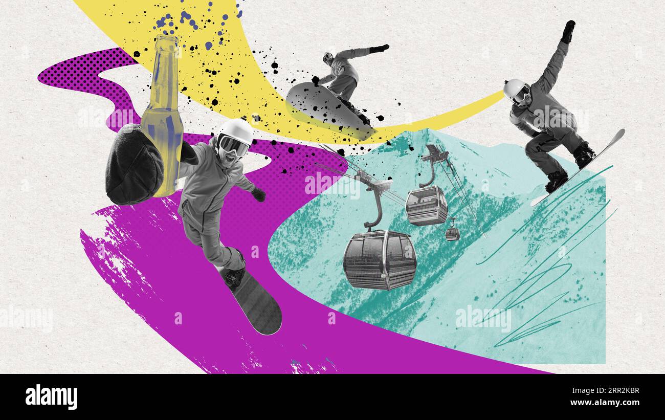 Winter sports activity. Man in sportswear snowboarding, enjoying active ...