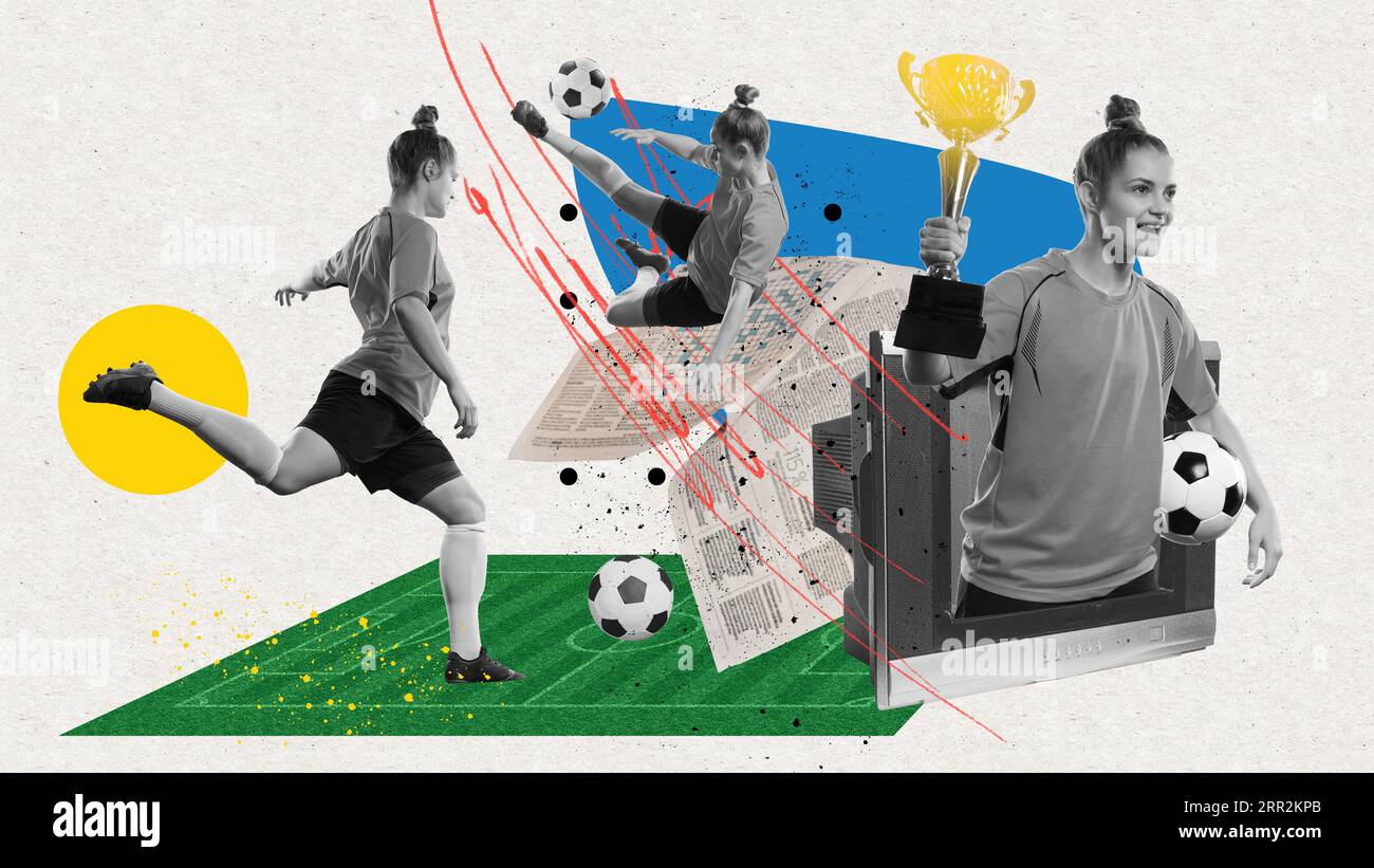 Motivated and competitive young girl, football player winning trophy ...