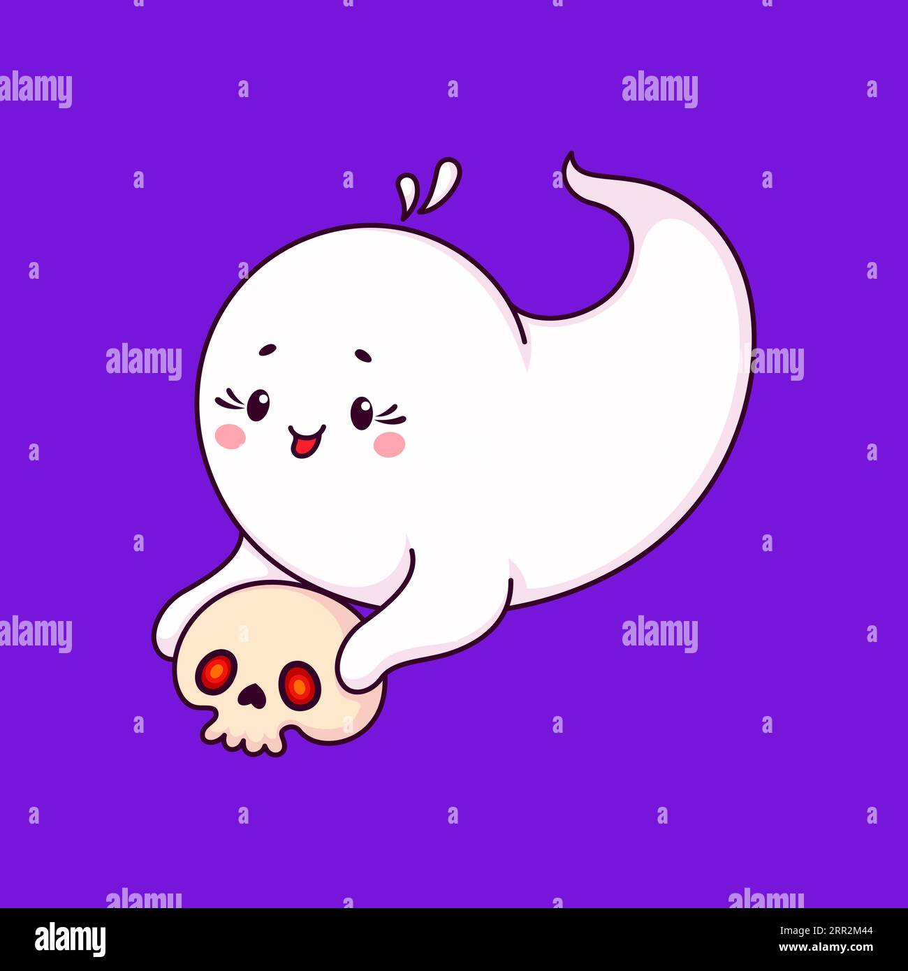 Cartoon halloween kawaii cute ghost character clutching a skull ...