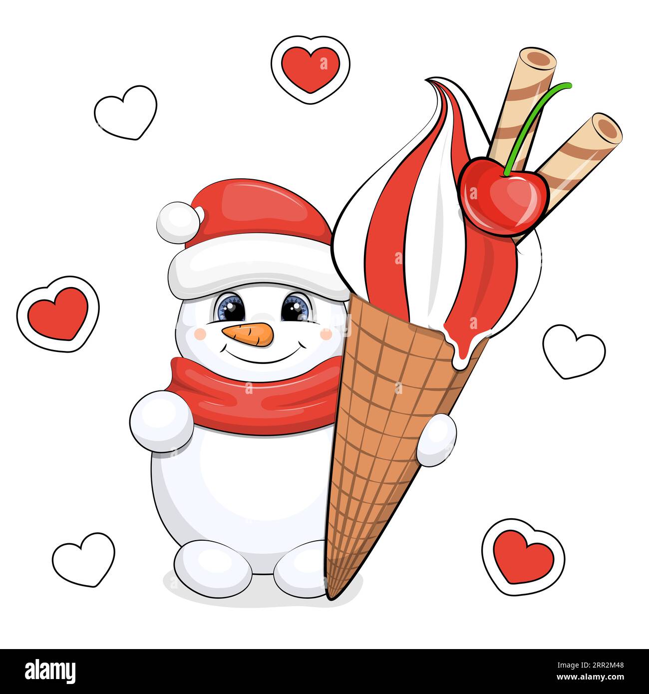Cute cartoon snowman with big ice cream. Christmas vector illustration ...