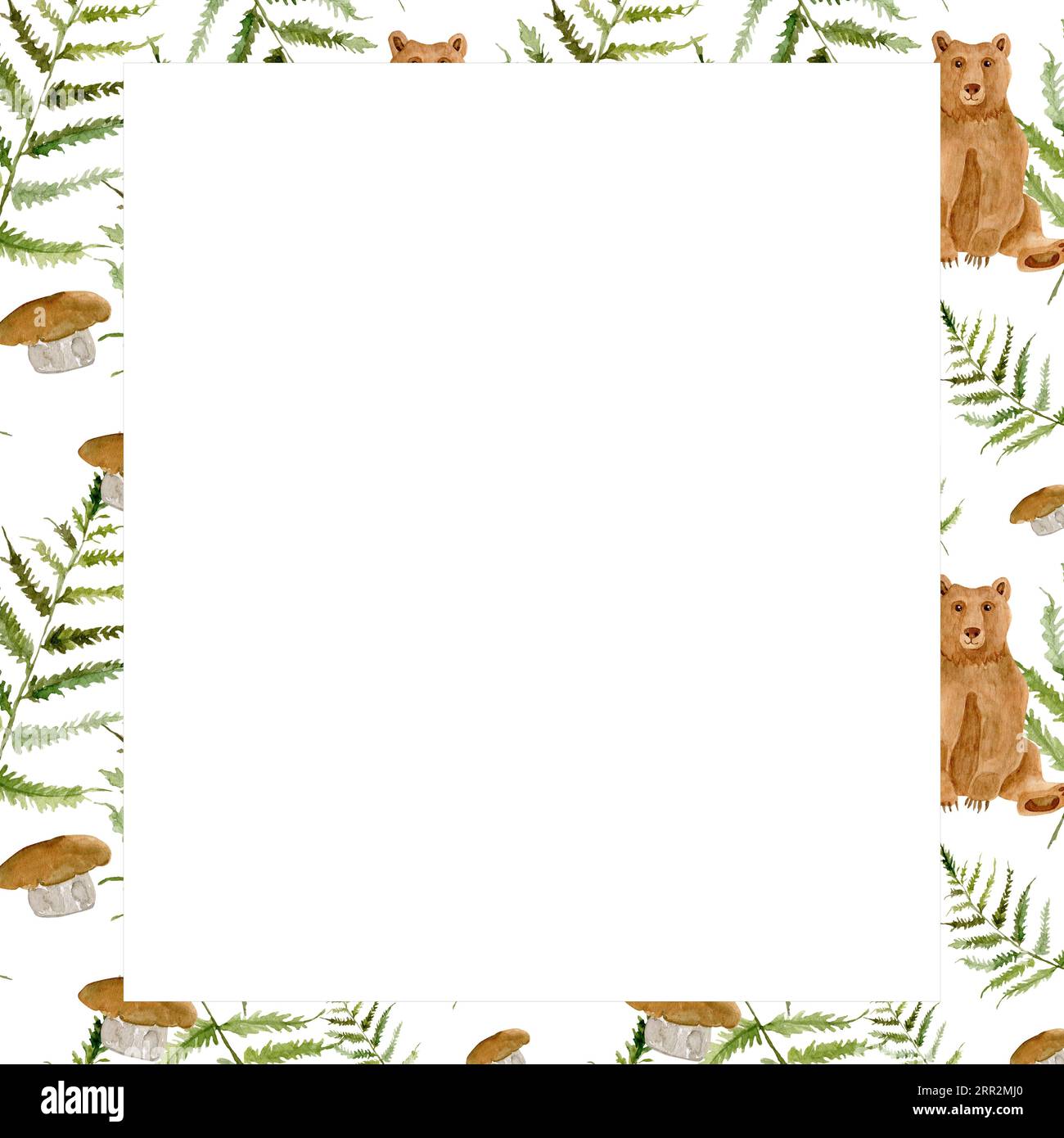 Square watercolor frame bear, mushrooms, fern. Forest flora and fauna in watercolor isolated on ...